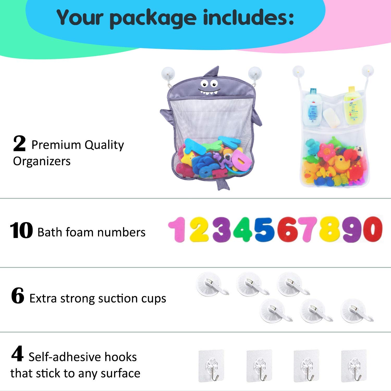 Comfylife Baby Bath Toy Organizer - Shark (2 Bath Toy Storage Nets, 8 Toy Numbers & 10 Strong Hooks) – Great Bath Net for Kids – Cute Bathtub Toy Organizer and Bath/Shower Caddy Storage Solution