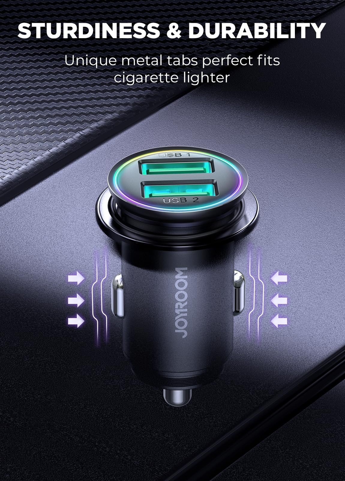 Car Charger,JOYROOM 4.8A Car Phone Charger All Metal, Mini Cigarette Lighter USB Charger with Type C Coiled Cable for iPhone 15 Pro, Dual USB Car Charger Adapter Fast Charge for iPhone/Samsung/Android