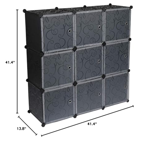VINGLI Cube Storage, 9 Cube Organizer Shelves, Plastic Closet Cabinet, DIY Modular Storage Cube Organizer with Doors for Bedroom Living Room Office, Black