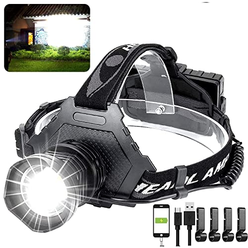 LED Rechargeable Headlamp 90000 High Lumen, XPH70 Brightest LED Work Headlight Zoomable, Waterproof, 90° Adjustable, 5 Modes Lightweight Head Lamp for Adult Camping, Hard Hat, Hunting