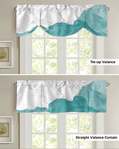Segard Tie Up Valance for Windows,Marble Turquoise Gold and White Colors Kitchen Valances Adjustable Rod Pocket Window Shade Valance,Ink Painting Short Curtains Window Treatment for Bedroom 60x18in