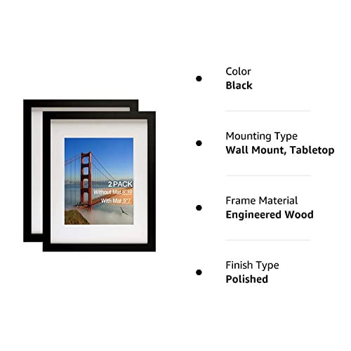 Picture Frames 8x10 Picture Frame Set of 2,Display Pictures 5x7 with Mat or 8x10 Without Mat Real Glass and Composite Wood for Wall or Tabletop Display Pre-Installed Wall Mounting Hardware,Black