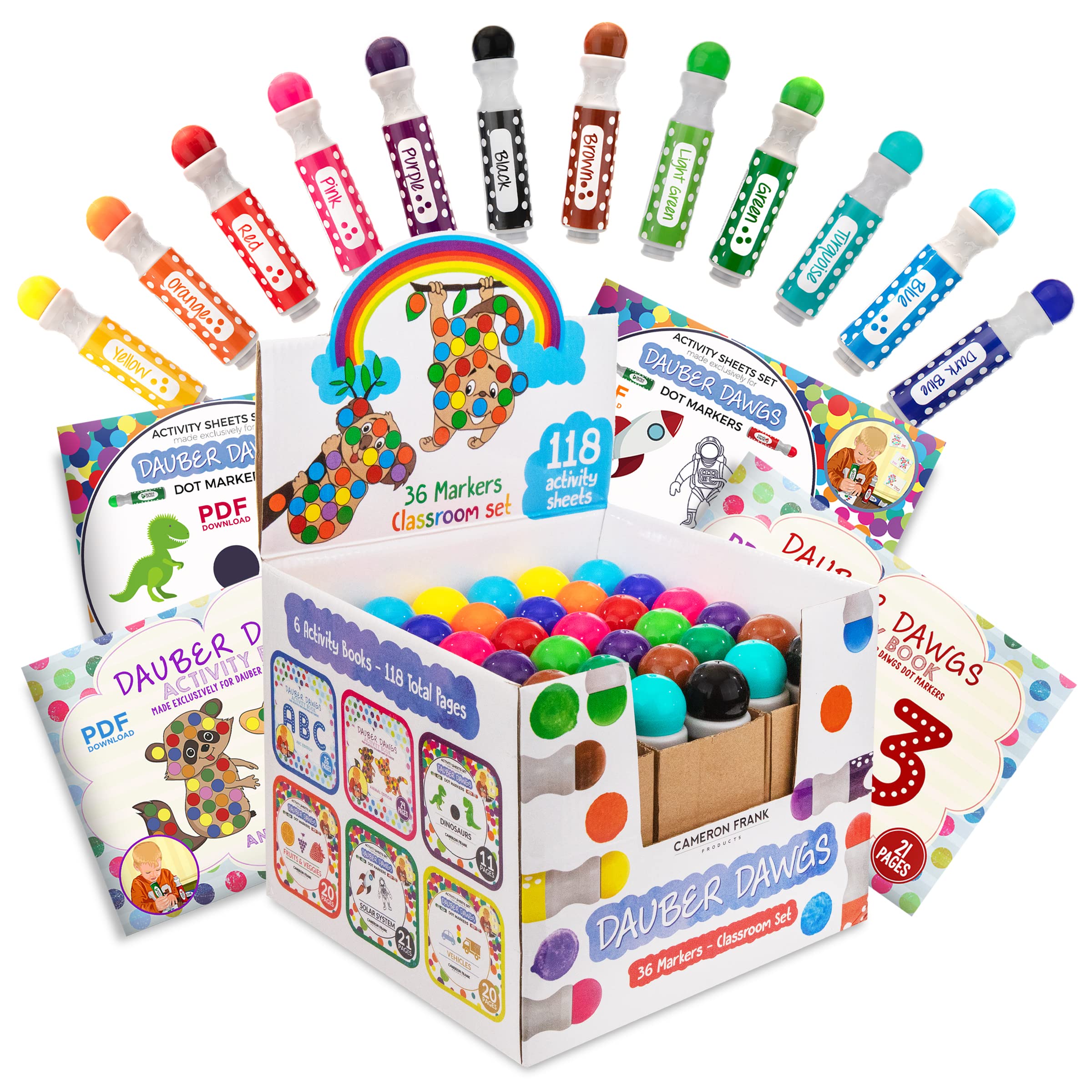Washable Dot Markers 36 Pack With 118 Activity Sheets For Kids, Gift Set With Toddler Art Activities, Preschool Children Arts Crafts Supplies Kit, Special Holiday Bingo Dabbers Dobbers, Dauber Dawgs