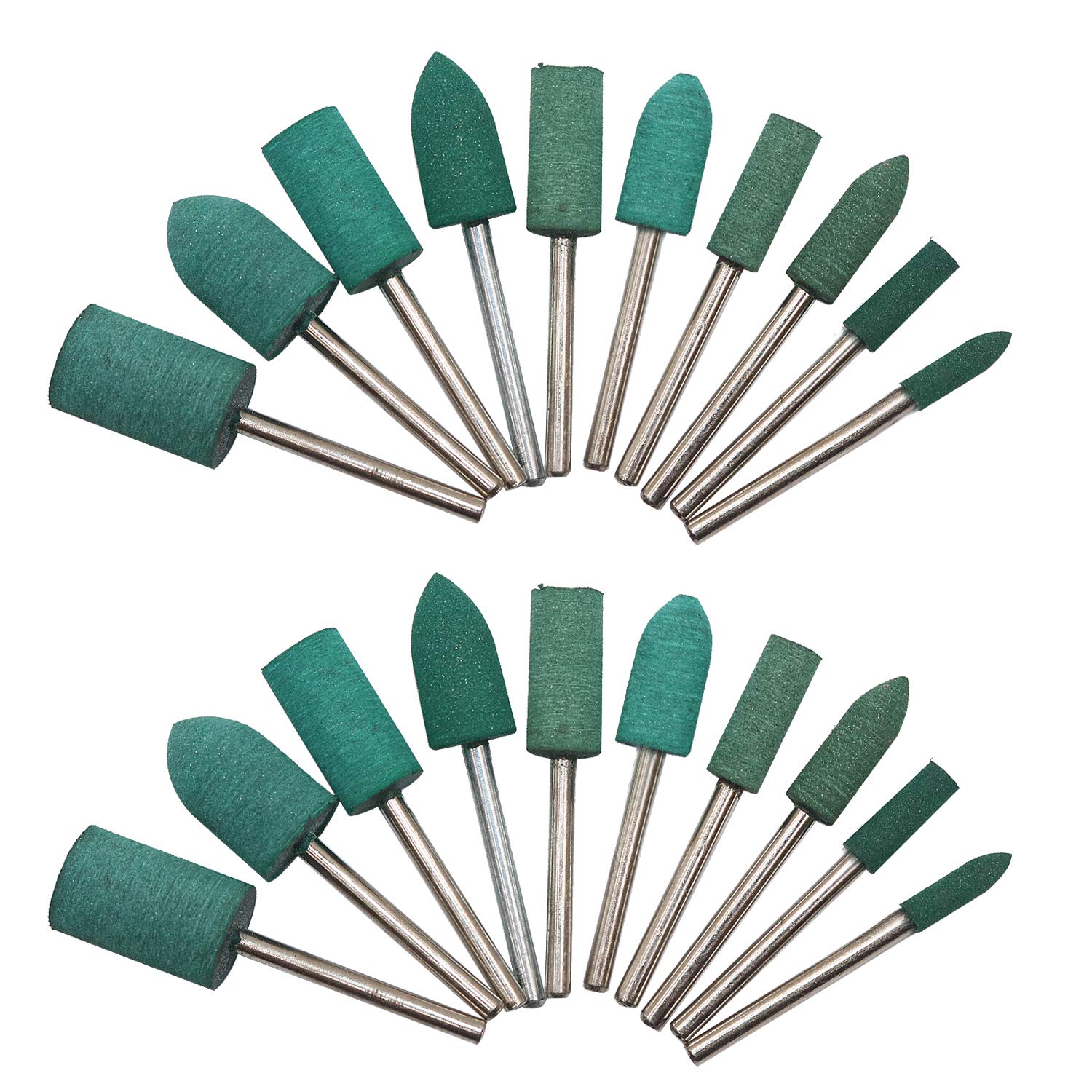 HEYMOUS Rubber Polishing Bits Polishing Drill Bit Green Buffer Abrasive Bits Metal Polish Tips Rotary Tool Accessories 3 mm Mandrel Bullet Cylinder Shape 20 Pieces (Green)