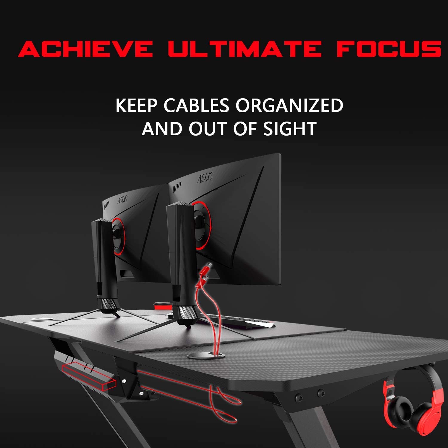 VITESSE 55 Inch Ergonomic Gaming Desk, Z-Shaped Office PC Computer Desk with Large Mouse Pad, Gamer Tables Pro with USB Gaming Handle Rack, Stand Cup Holder&Headphone Hook (Black, 55 inch)