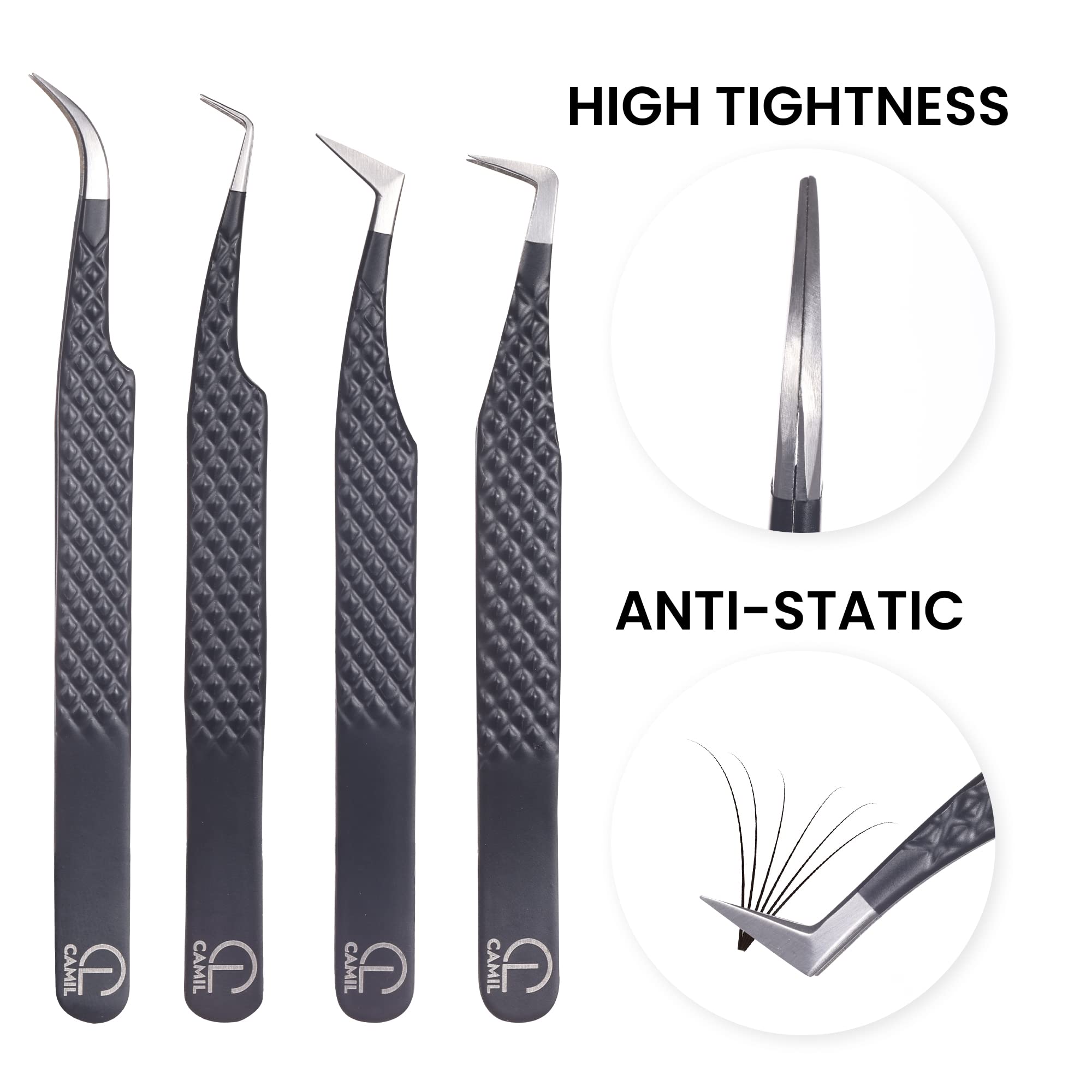 Fiber Tip Lash Tweezers For Eyelash Extension 4 Pcs Tweezers Professional Artist Tech Work Kit Tools,Best Volume Eyelash Lashes Extensions Precision Supplies Volume Boot 90 45 Degree(Black)