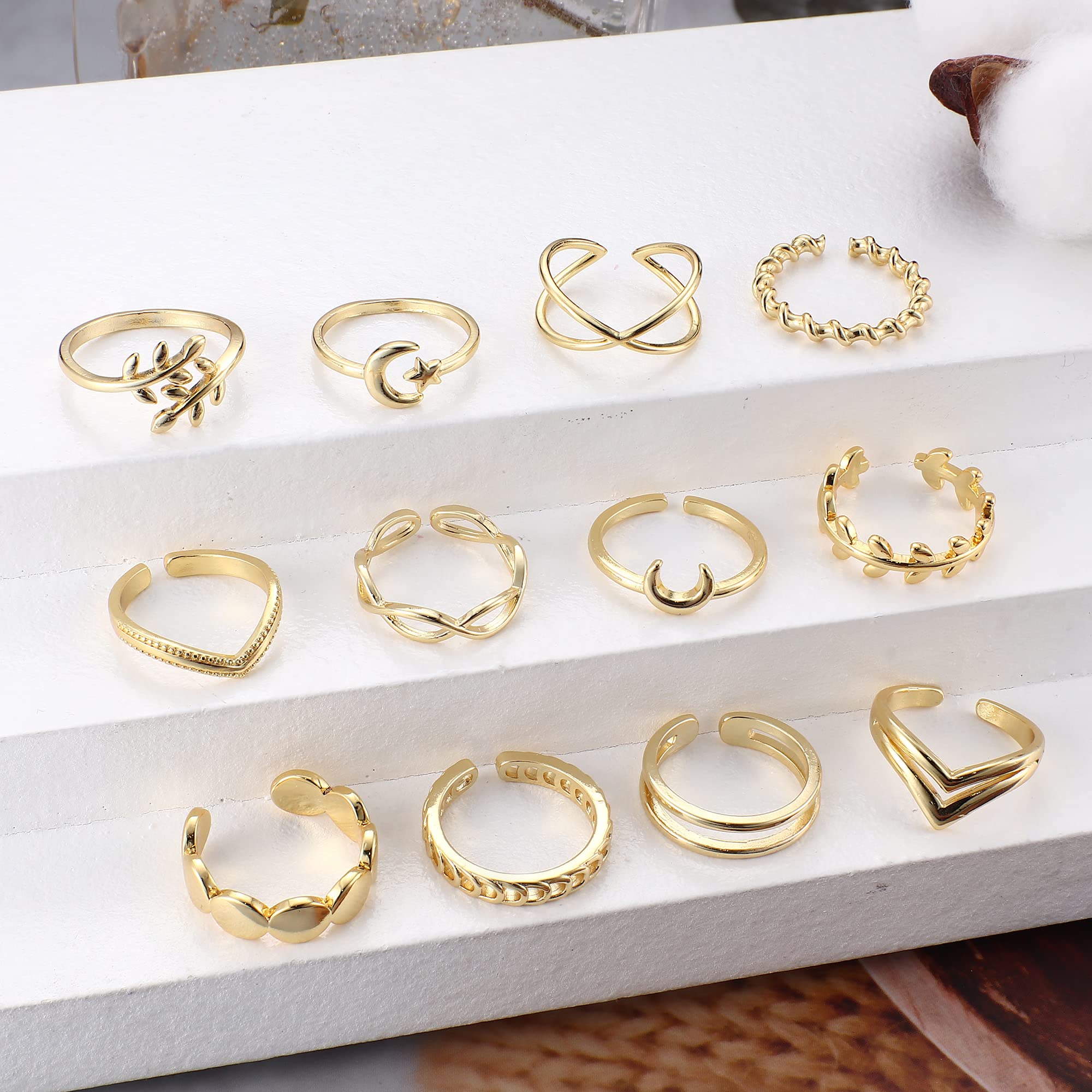 DOLOTTA 12 Pcs Adjustable Knuckle Rings for Women Arrow Knot Wave Rings Stackable Rings Thumb Open Ring Set