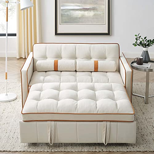 JEEOHEY Sleeper Sofa Couch w/Pull Out Bed, 55.5" New Upgraded Tufted Velvet Convertible Sleeper Sofa Bed, Small Love seat Sofa Bed w/ 2 Pillows for Small Space, Living Room, Apartment, Beige
