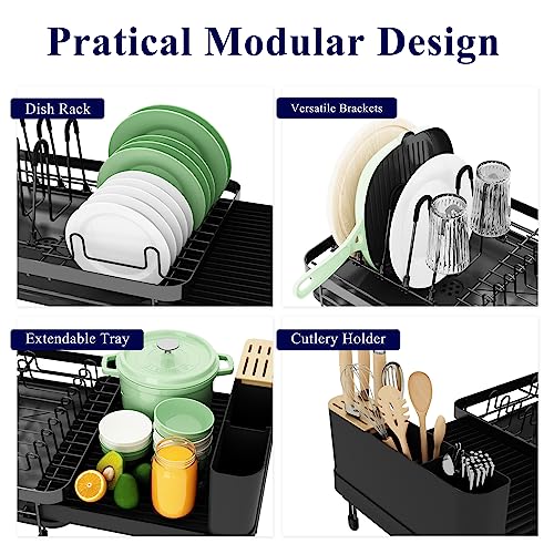 Kitsure Kitchen Dish Drying Rack - Extendable Dish Rack w/Large Capacity, Dish Rack for Kitchen Counter, Multipurpose Dish Drainer w/Detachable Brackets for Pot Lids, Dishes-4063