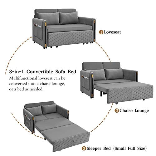 KIVENJAJA Convertible Sleeper Sofa Bed, Modern Velvet Loveseat Couch with Pull Out Bed, Small Love Seat Futon Sofa Bed with Headboard, 2 Pillows & Side Pockets for Living Room, 54β (Grey)