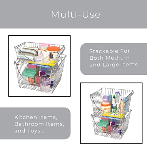Smart Design Stacking Baskets with Handles - Set of 2 Large - Steel Metal Wire - Fruit Produce and Vegetable Safe Storage Bin Organizer - Pantry Counter Stand Rack - 12.5 x 8.5 Inch - Chrome