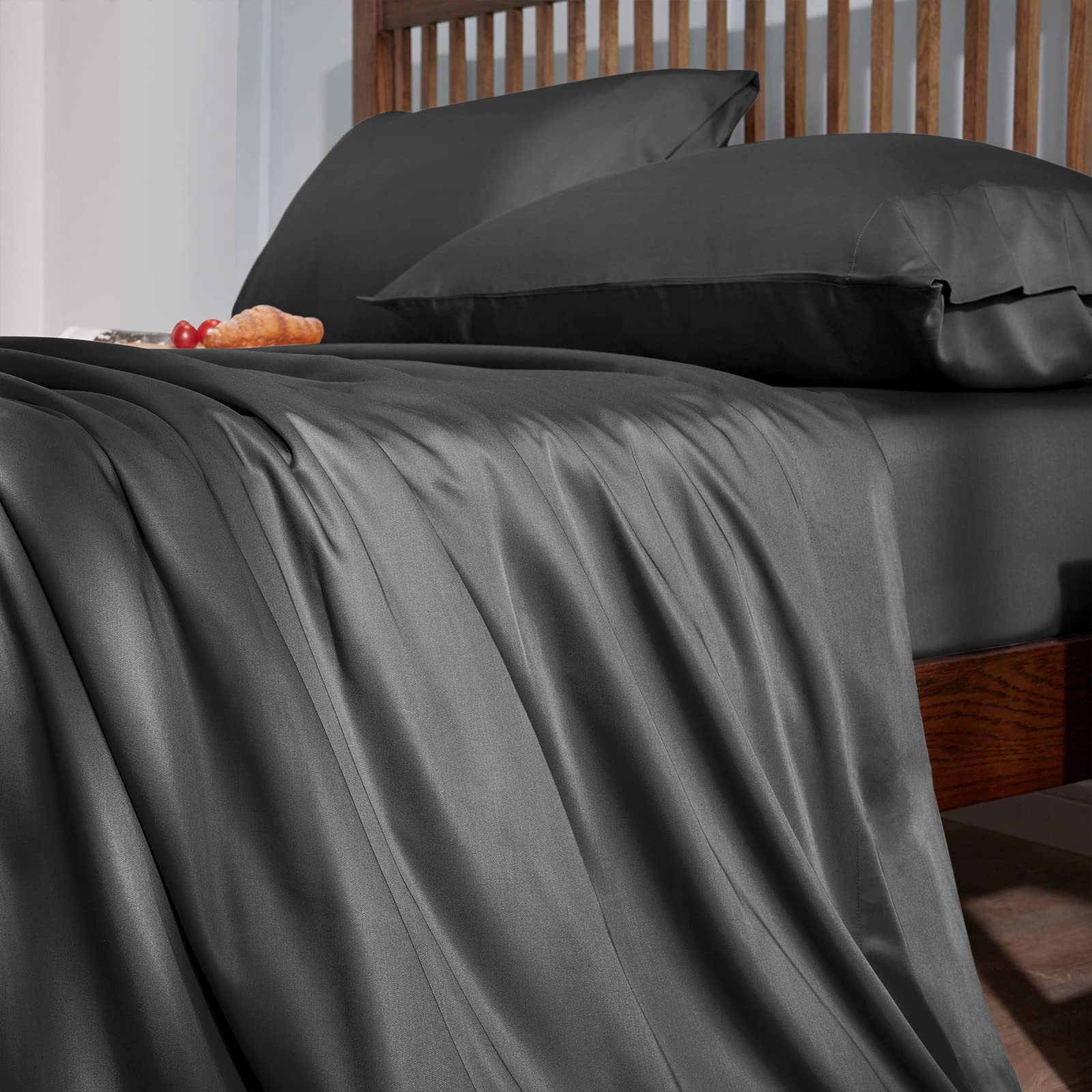 CozyLux Cooling Sheets Queen Size, Rayon derived from Bamboo, Oeko-TEX Certified Luxuriously Soft & Cooling Silky Sheet Set - 16" Deep Pockets 4 Piece Bedding Sheets & Pillowcases,Dark Grey