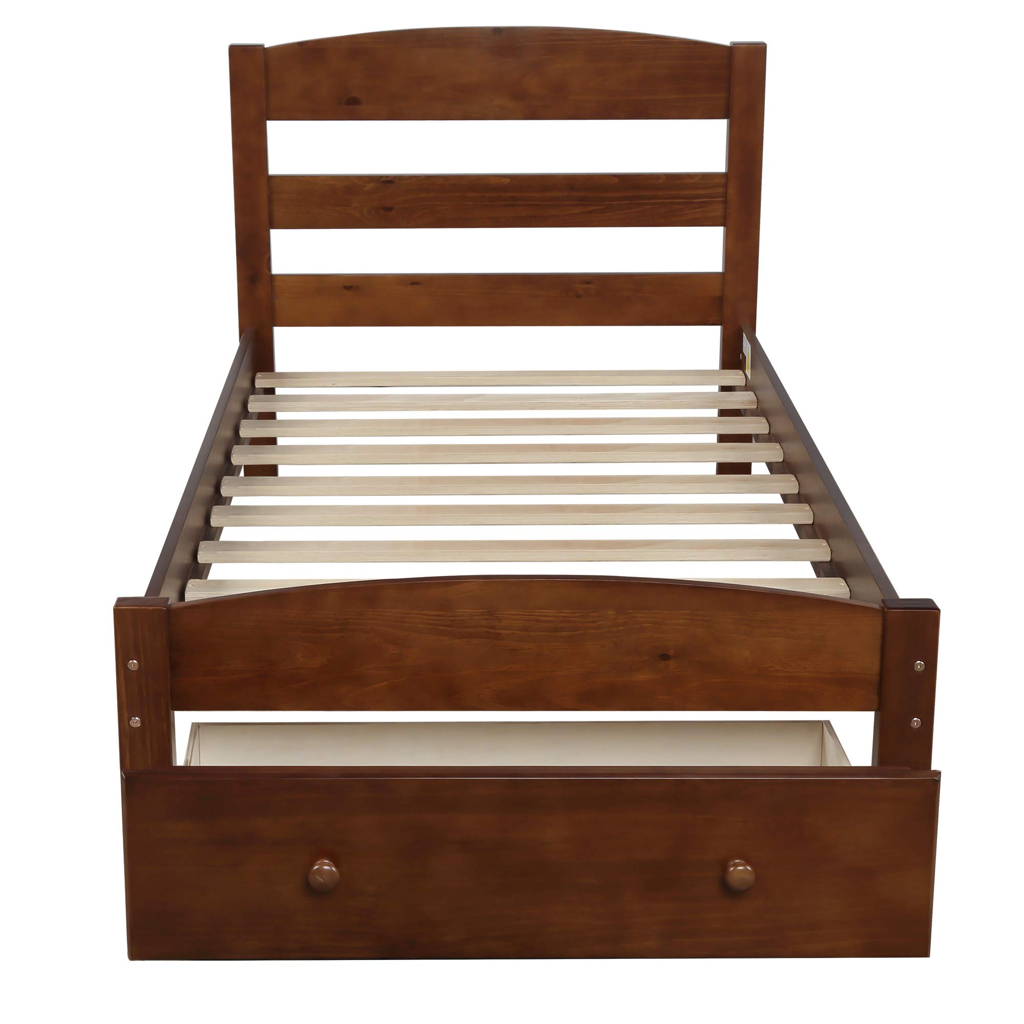SOFTSEA Twin Size Platform Bed Frame with Drawers, Platform Bed with Headboard and Footboard, Wood Platform Bed for Bedroom, No Box Spring Needed, Walnut