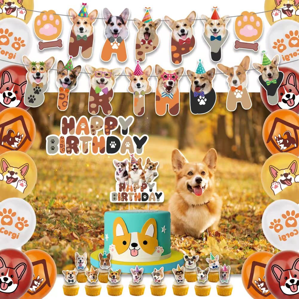 Corgi Party Decorations Backdrop Banner Photography Background Cute Corgi Theme Banner Balloons Cake Toppers Cupcake Toppers Pet Party Kit For Corgi Dog Birthday Party Supplies Decor
