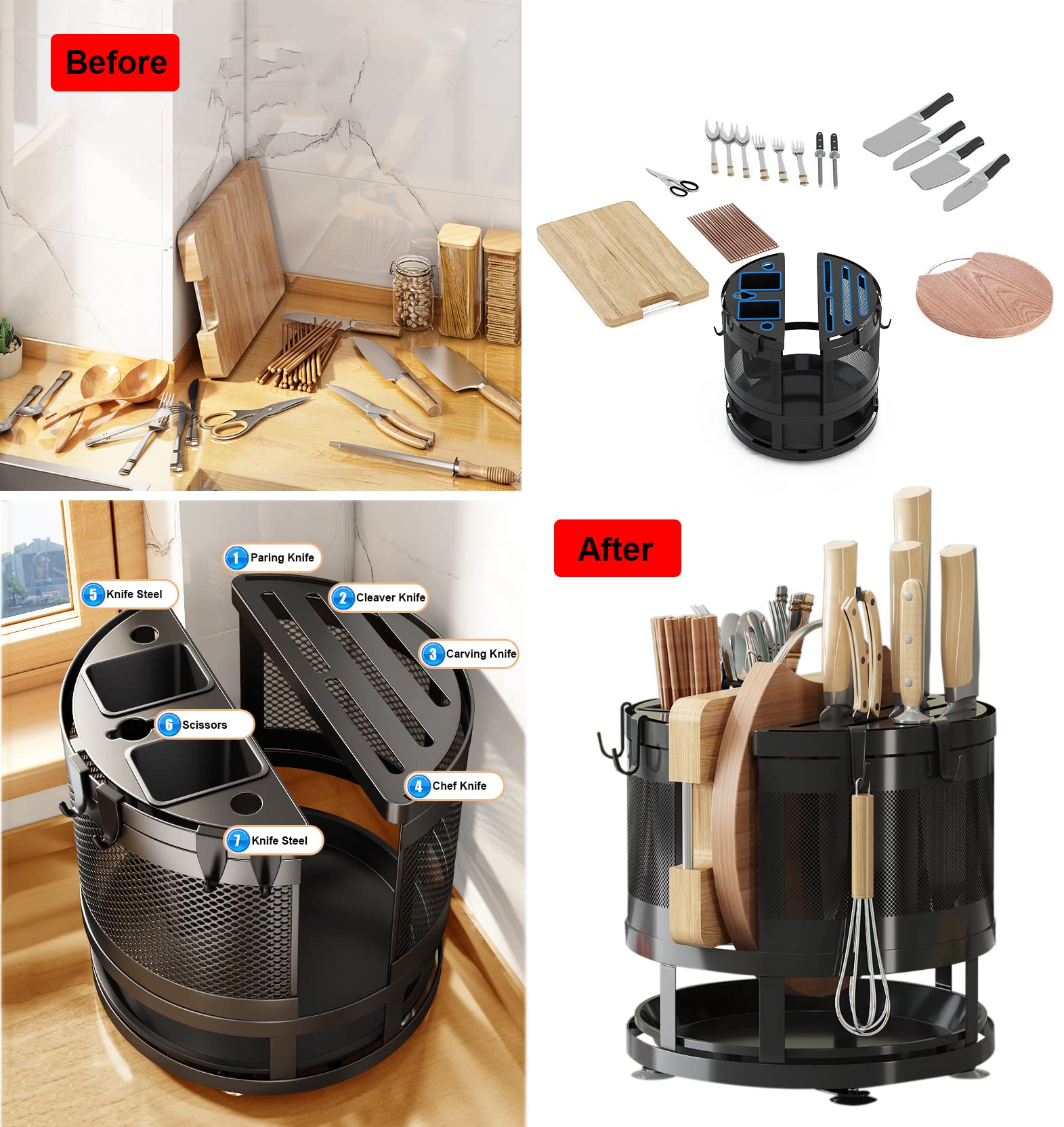 Knife Holder for Kitchen Counter, Rotating Universal Knife Block Without Knives 3 in 1 Multi-function Knife Block Set Flatware Utensil Drying Rack Cutting Board Organizer with Drain Tray and hooks