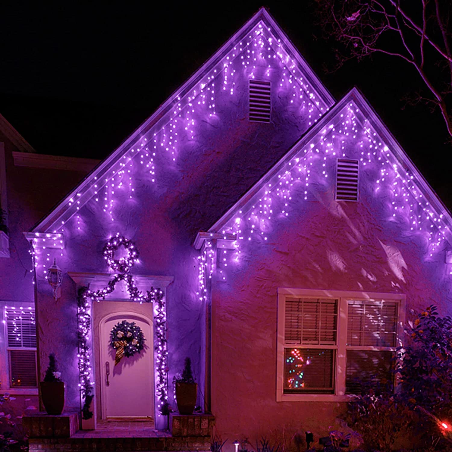 SDOUBLEM 13FT 96 LEDs Purple 8 Modes Memory Mode Icicle Light Window Curtain String Light Wedding Patio Home Garden Bedroom Outdoor Indoor Party Decorations