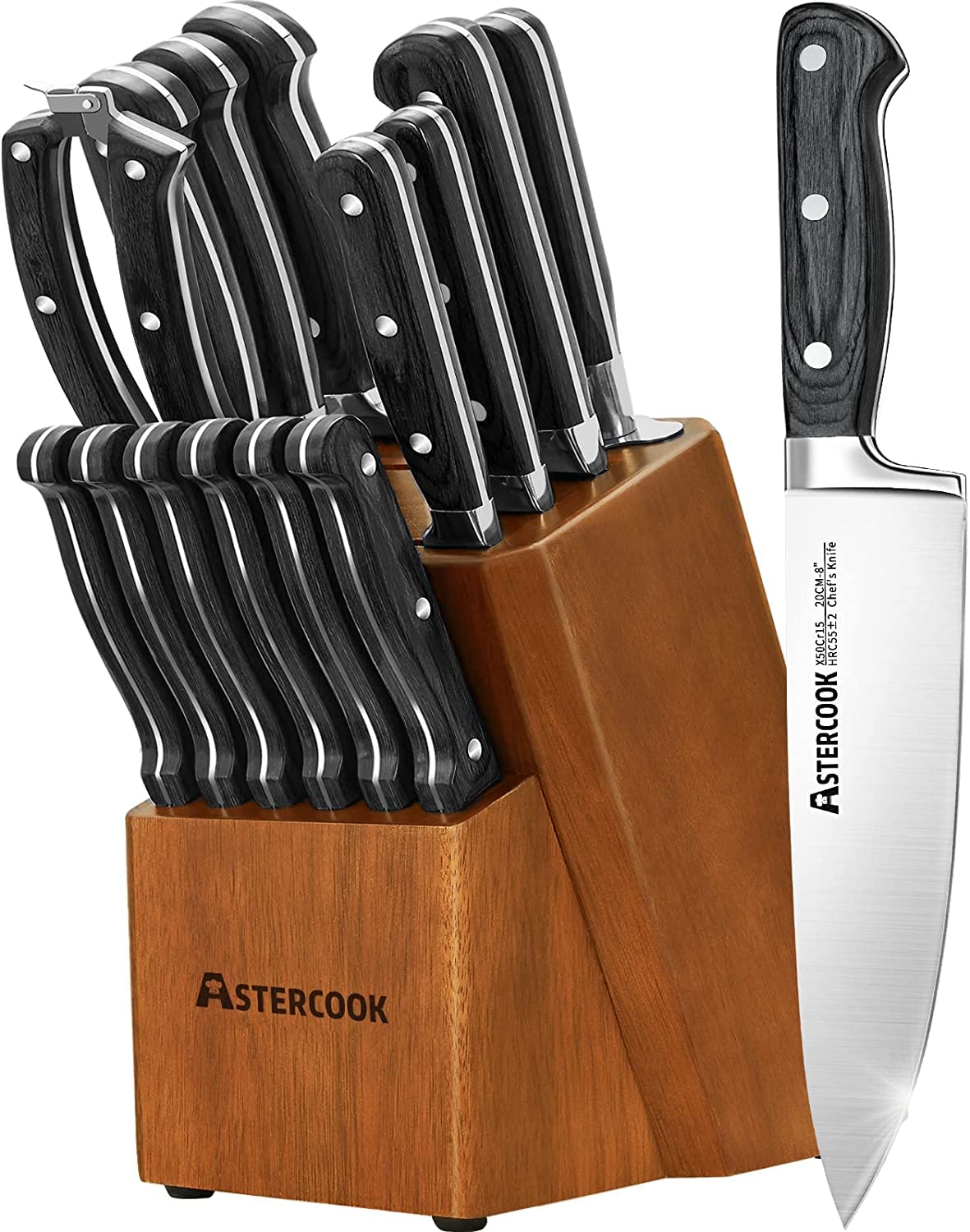 Knife Set, 15 Pcs Kitchen Knife Set With Block, Astercook German Stainless Steel With Scissors, Knife Sharpener and 6 Serrated Steak Knives