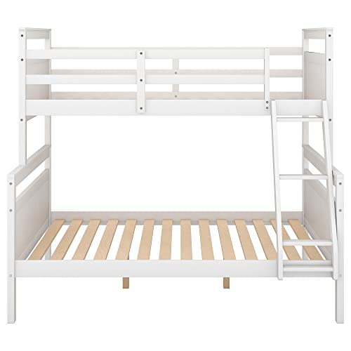 POCIYIHOME Twin Over Full Bunk Bed with Ladder, Wood Bed Frame with Slat Support & Full Length Guardrail for Kids,Teens Bedroom, Convertible into Two Separate Beds, No Box Spring Needed, White