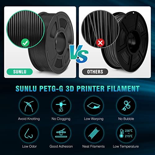 SUNLU PETG-G 3D Printer Filament 1.75mm 1 kg Spool, Better Flow of SUNLU no plugging Premium PETG-G Filament 1.75 +/- 0.02 mm for 3D Printing,Black
