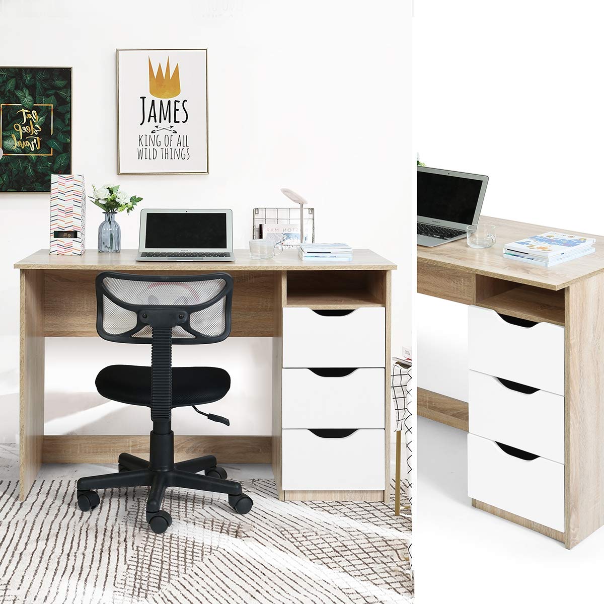 warmcentre Computer Desk, 43.3 Home Office Desk with 3 Drawer & Shelves Sturdy PC Table Workstation Modern Simple Style Writing Gaming Desk with Storage for Small Spaces, Easy to Assemble, Beech