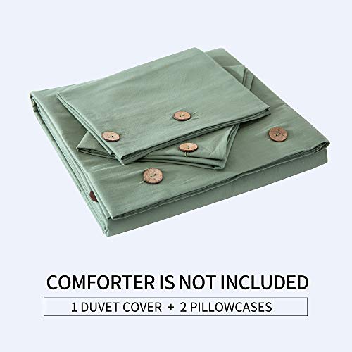 JELLYMONI Green 100% Washed Cotton Duvet Cover Set, 3 Pieces Luxury Soft Bedding Set with Buttons Closure. Solid Color Pattern Duvet Cover Queen Size(No Comforter)