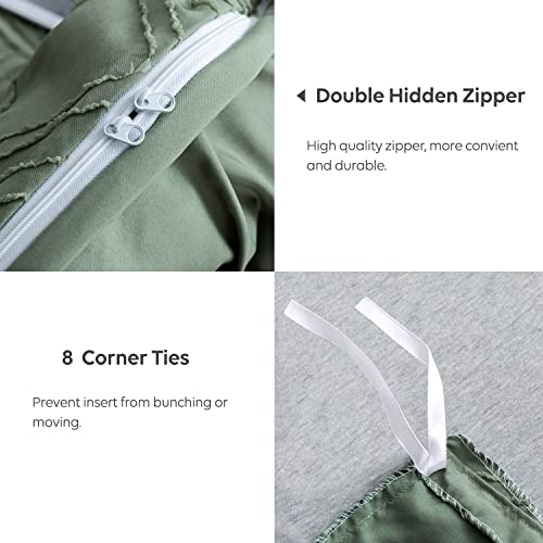 JELLYMONI Green Duvet Cover Twin Size - 3 PCS Microfiber Tufted Duvet Cover Set, Boho Textured Duvet Cover Jacquard Rhombus Geometric Pattern Duvet Cover with Corner Ties & Zipper Closure