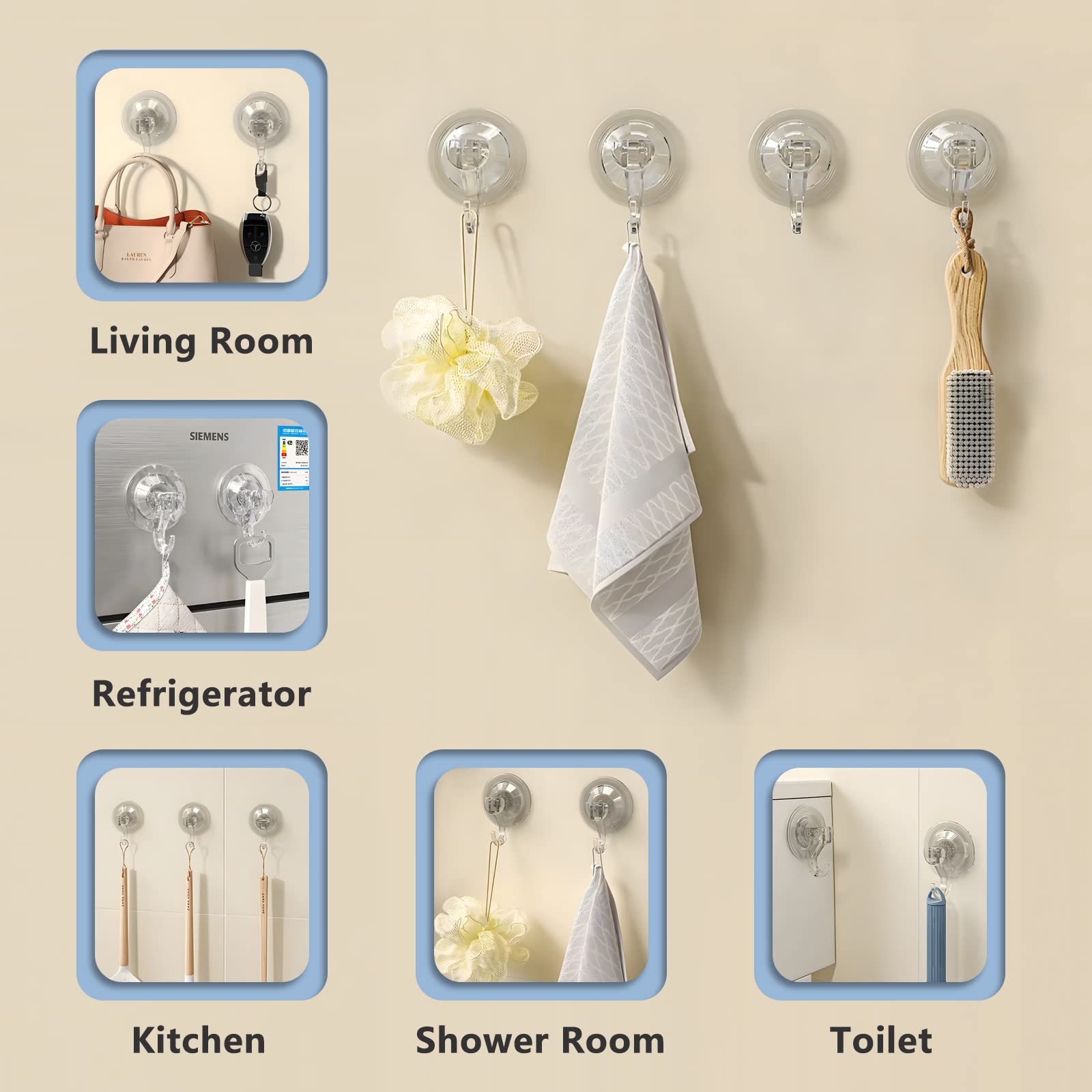CozyBlue Suction Cup Hooks Heavy Duty - 2 Pack Waterproof Reusable Shower Hooks - Removable for Window, Glass Door, Hangers, Kitchen Tiles, Bathroom Shower Wall…