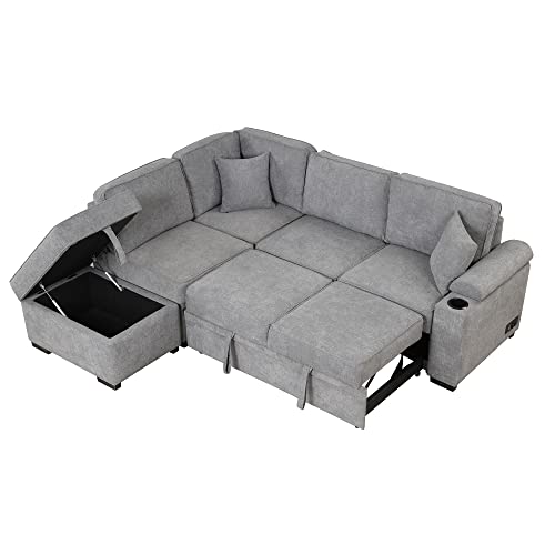 Convertible L-Shaped 5-Seat Sectional Sofa with Sleeper, Storage, and Cup Holders