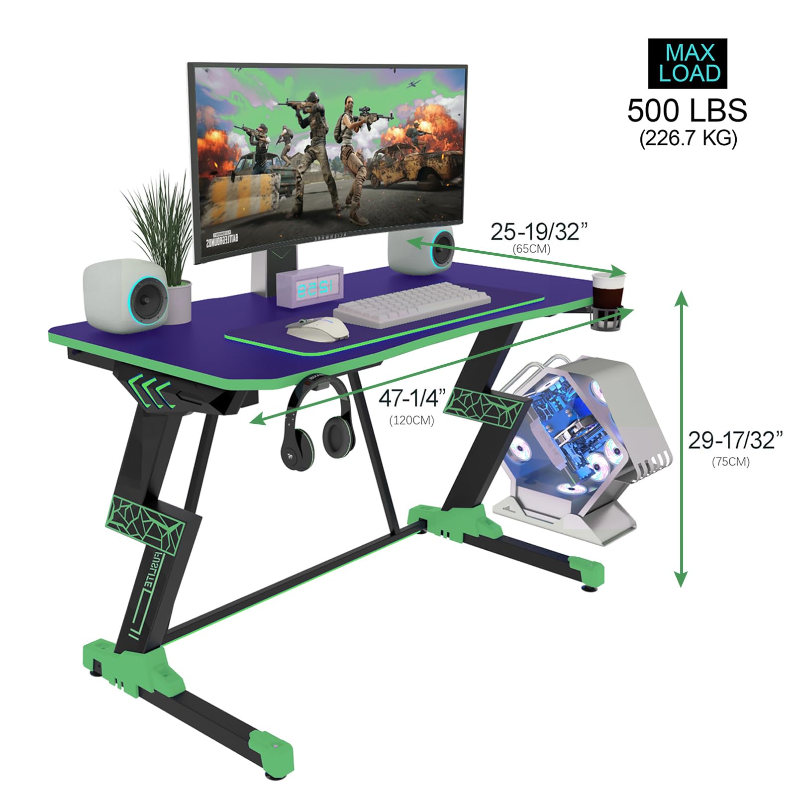 FUSLITE 63 Inch Gaming Desk, with Carbon Fiber Surface, Lightning-Shaped PC Computer Table, with Headphone Holder, Cup Holder, Cable Management Box, Gaming Table for Gamer, Black&Pink