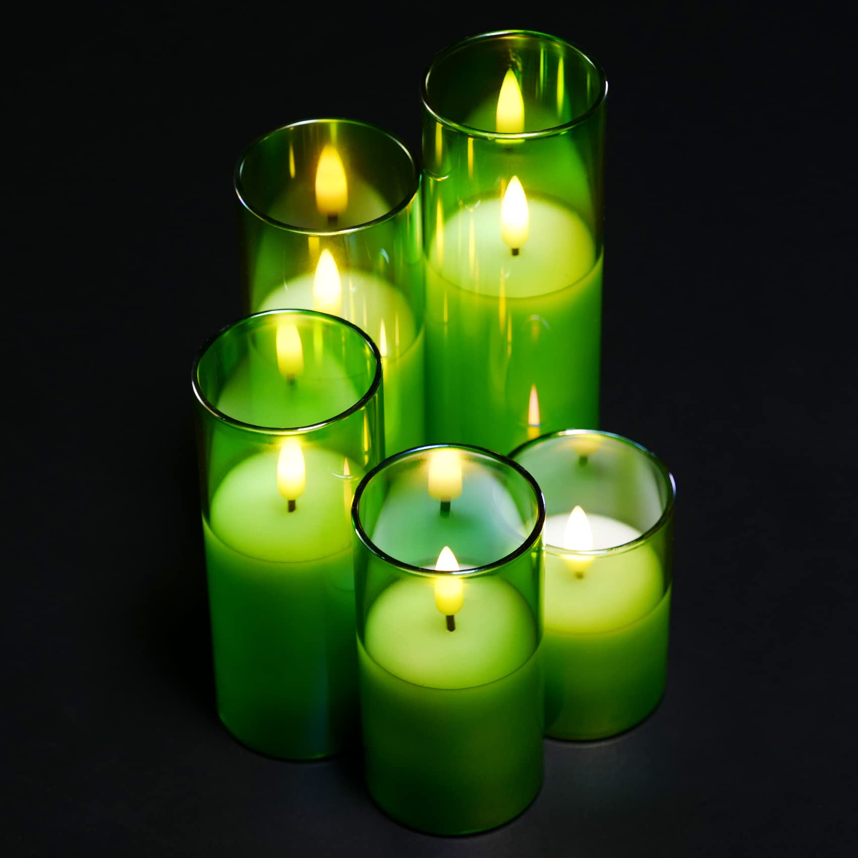 Girimax Green Glass Flameless Candles with Remote, Flickering LED Votive Pillar Candles Battery Operated Slim Tall Candles Φ 2" H 3" 4" 5" 6" 7"