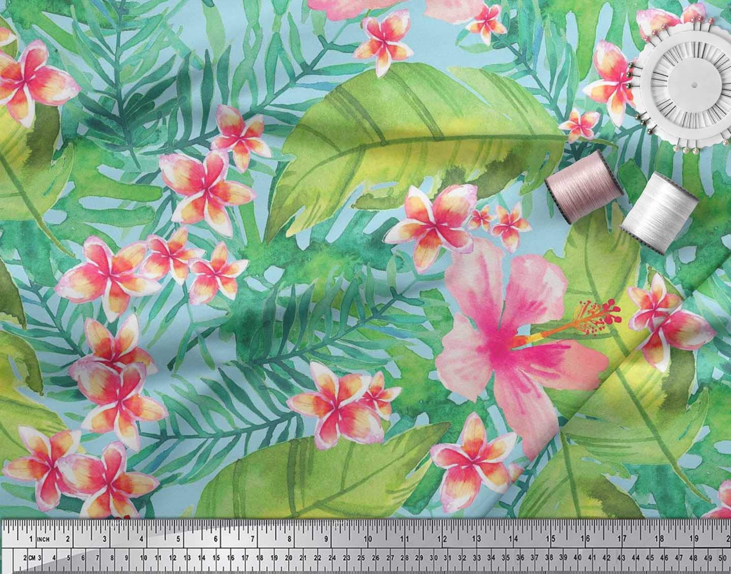 Soimoi Blue Cotton Cambric Fabric Leaves & Plumeria Flower Tropical Fabric Prints by Yard 56 Inch Wide