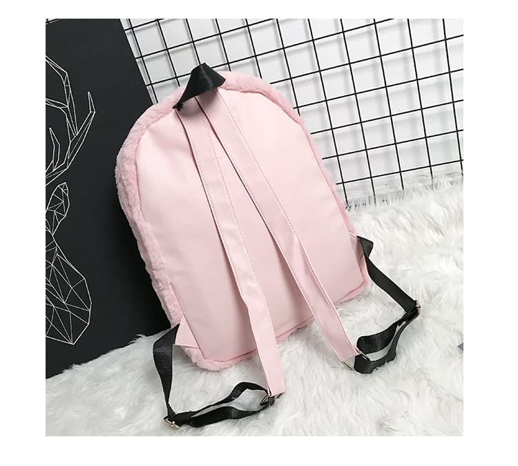 HOKMAH Cute Fuzzy Backpack for Girls, Aesthetic School Supplies Fuzzy Plush Backpack, Kawaii Furry Plush Backpack for Teens (Pink)