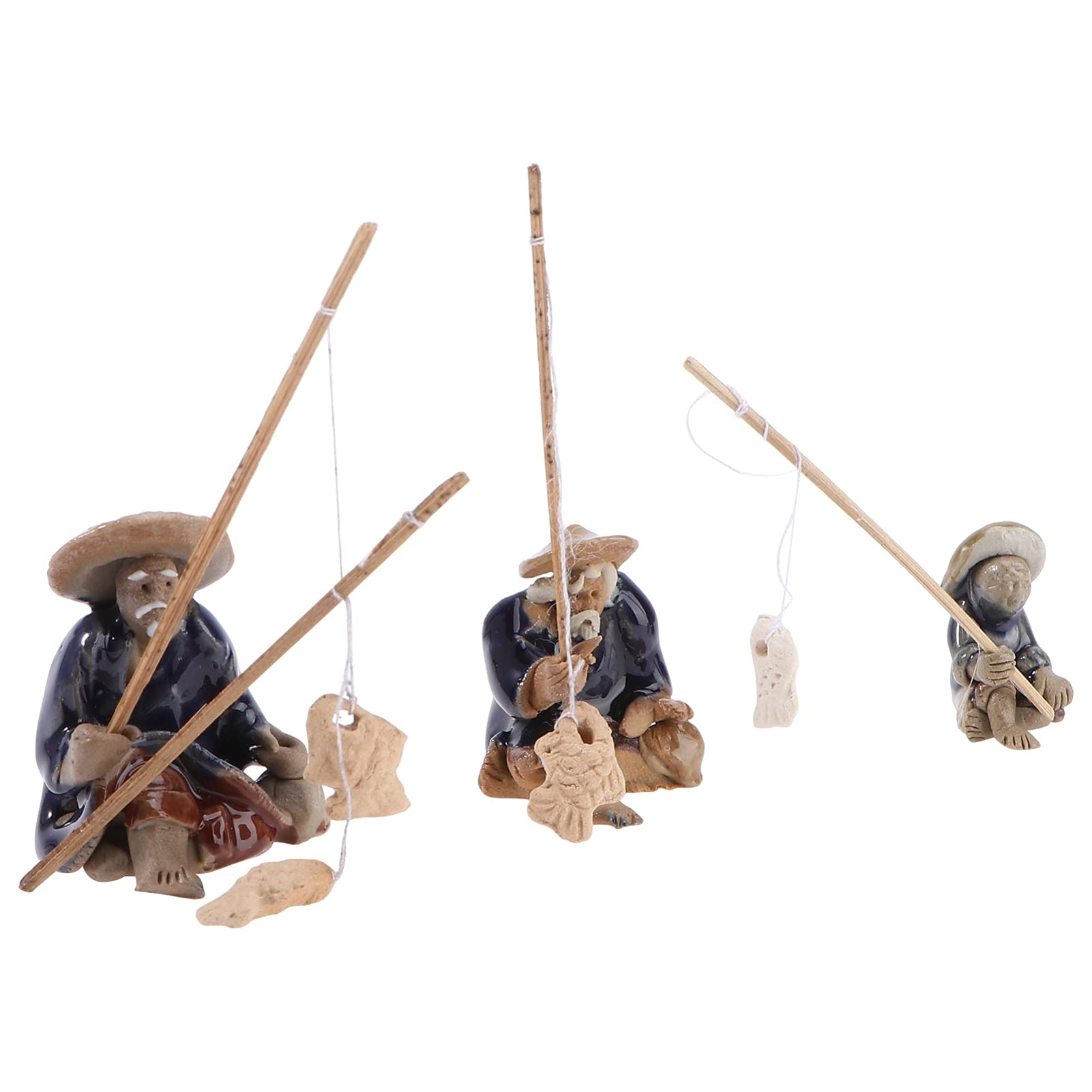 generic Ceramic Fisherman Figurine Miniature Fisherman Statue Bonsai Fisherman Figure Sand Table Fish Tank Fairy Garden Ornaments 3pcs