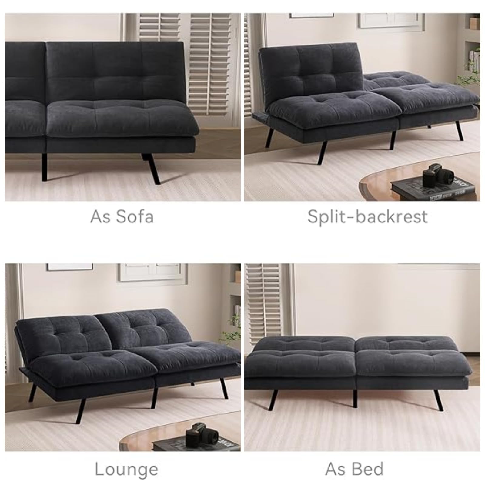 GlasFlength Futon Sofa Bed Loveseat Sleeper Sofa, Convertible Sofa Bed Small Couch with Memory Foam Split Seat Design, Linen Fabric Futon Couch for Living Room, Apartment, Bedroom (Black)