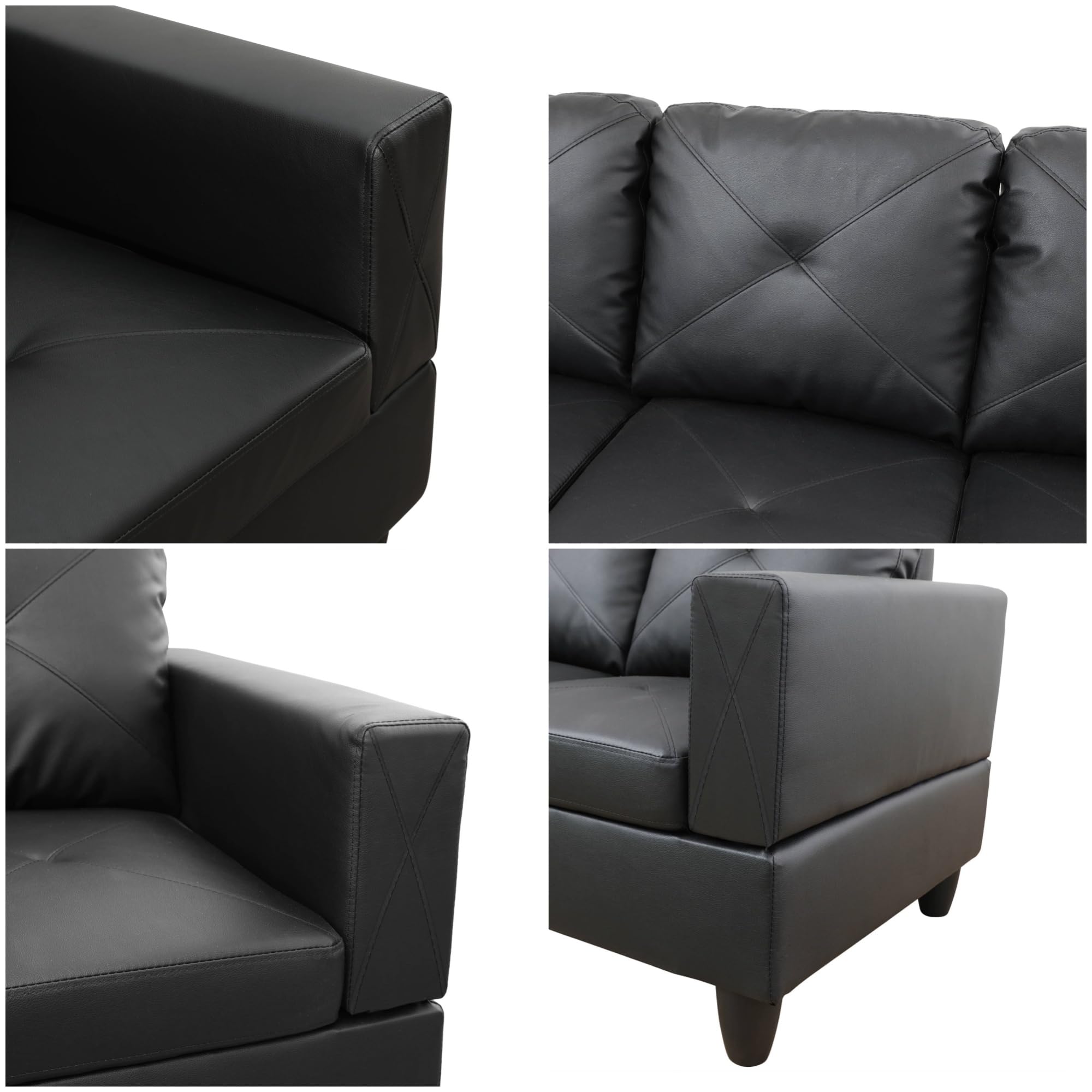 GlasFlength L Shaped Sectional Couches, Convertible Lounge Leather Couch with Reversible Cup Holder, Nail-Head Design Modern Modular Sectional Sofa for Living Room Furniture Sets, Black A