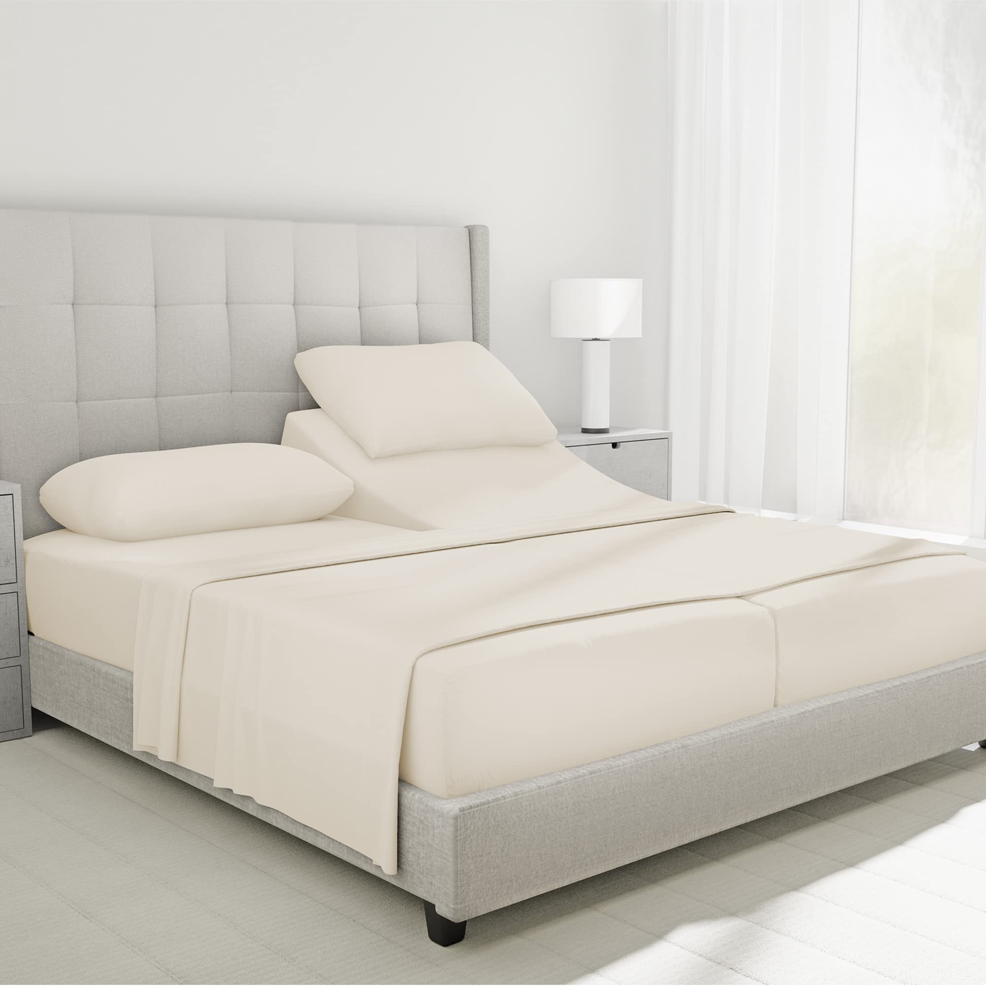 California Design Den Luxury Adjustable Split King Bedsheets, Soft 100% Cotton, 1000 Thread Count, Snug Fit, 5Pc Set with 2 Twin-XL Fitted Sheets, Sateen Weave, Sheet Sets & Pillowcases Ivory