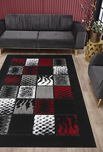 L'Baiet Rita Black Grey Red White Geometric Color Block Soft Shag Indoor 8' x 10' Area Rug