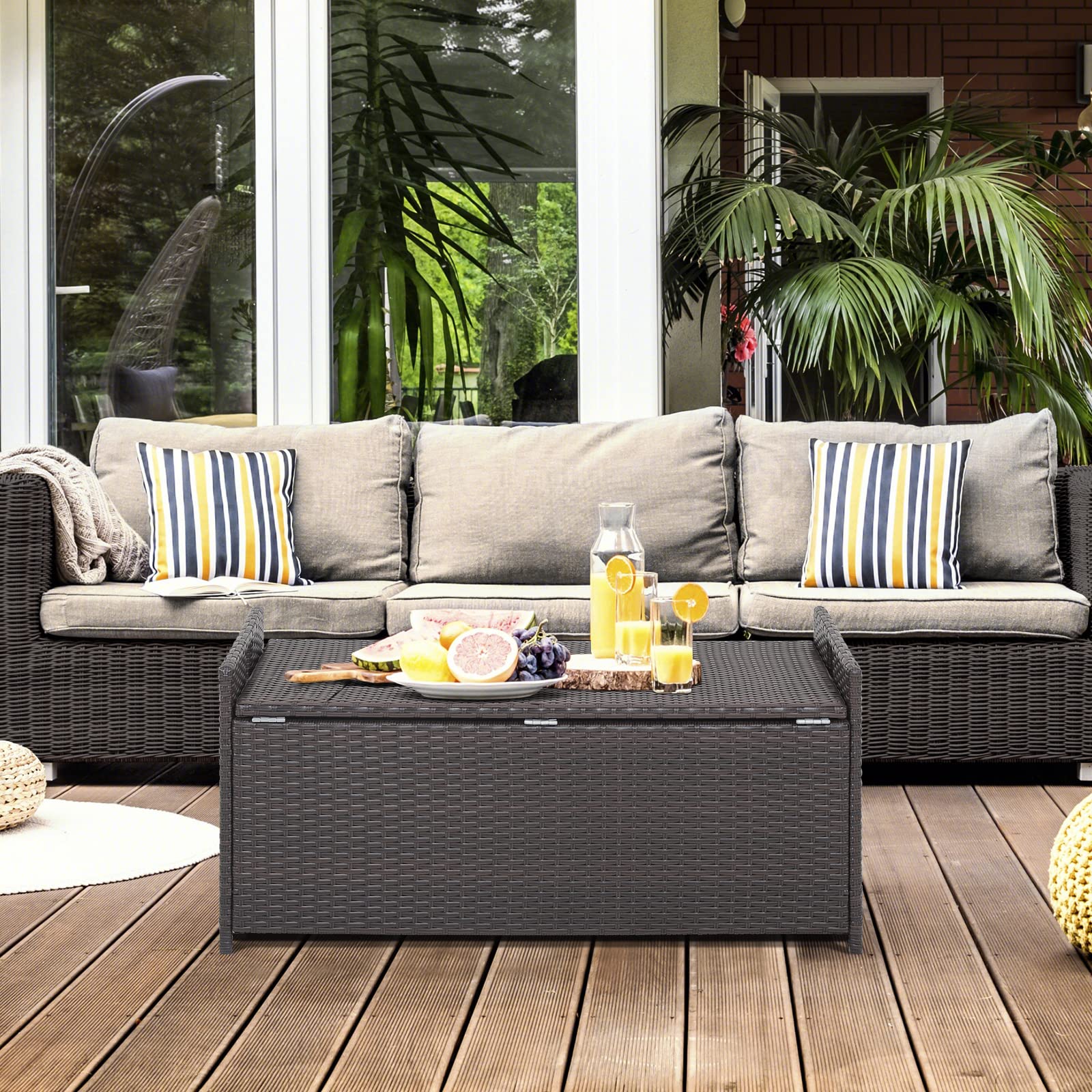 HAPPYGRILL 34 Gallon Patio Storage Bench Deck Box, 3-in-1 Rattan Wicker Storage Box with Seat Cushion & Zippered Protective Liner, Effort-Saving Gas Strut