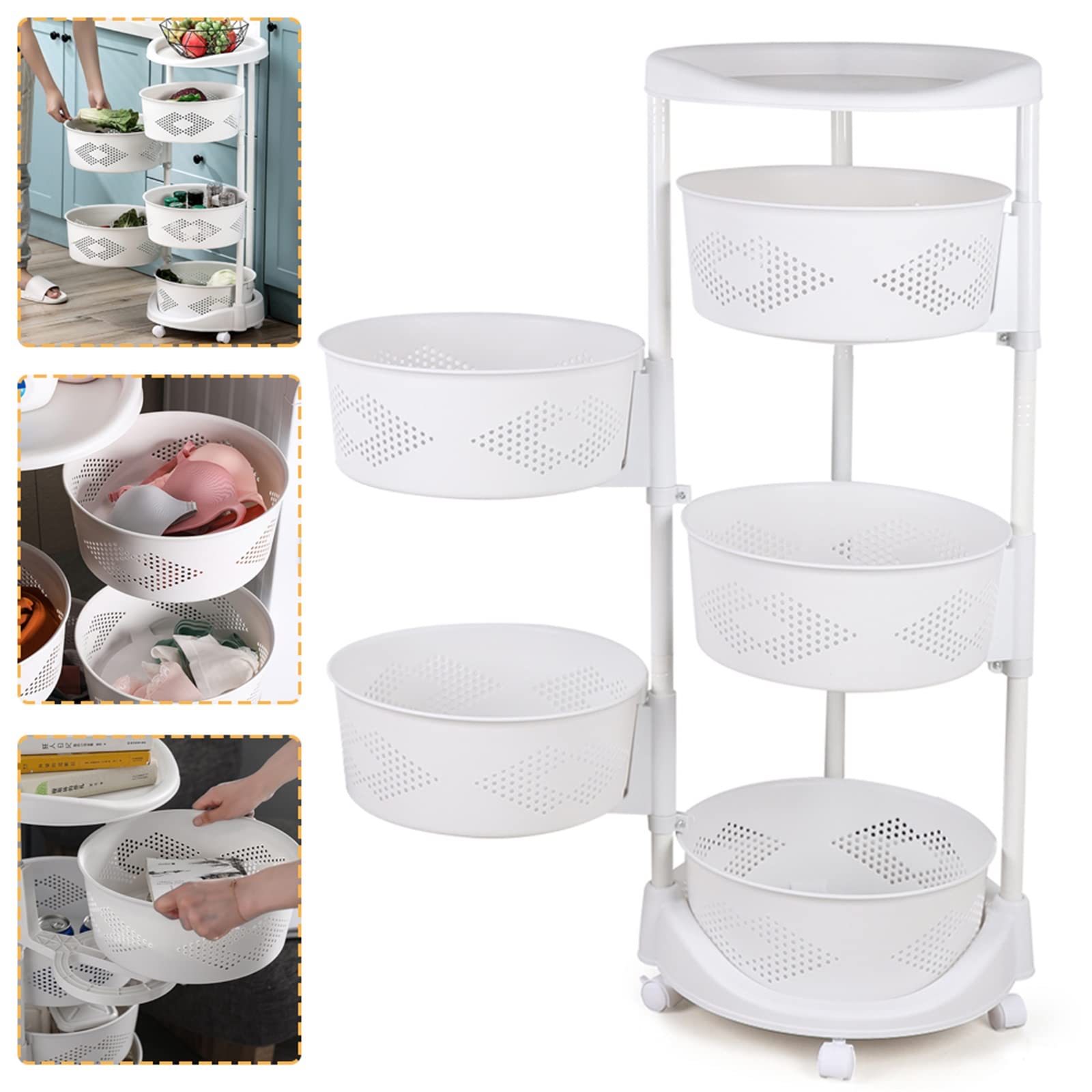 LGXSHOP 5 Tier Swivel Storage Rack, Vegetable Storage Rack, Storage Rack with Lockable Casters and Detachable Storage Basket, Kitchen Bathroom Living Room Dining Room Freestanding Organizer (White)