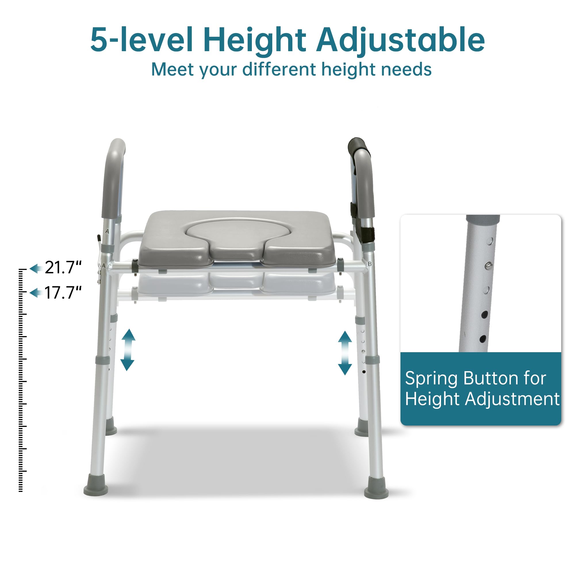 ELENKER Raised Toilet Seat with Armrests and Padded Seat, Elevated Toilet Seat for Elderly and Disabled, Adjustable Height, Grey