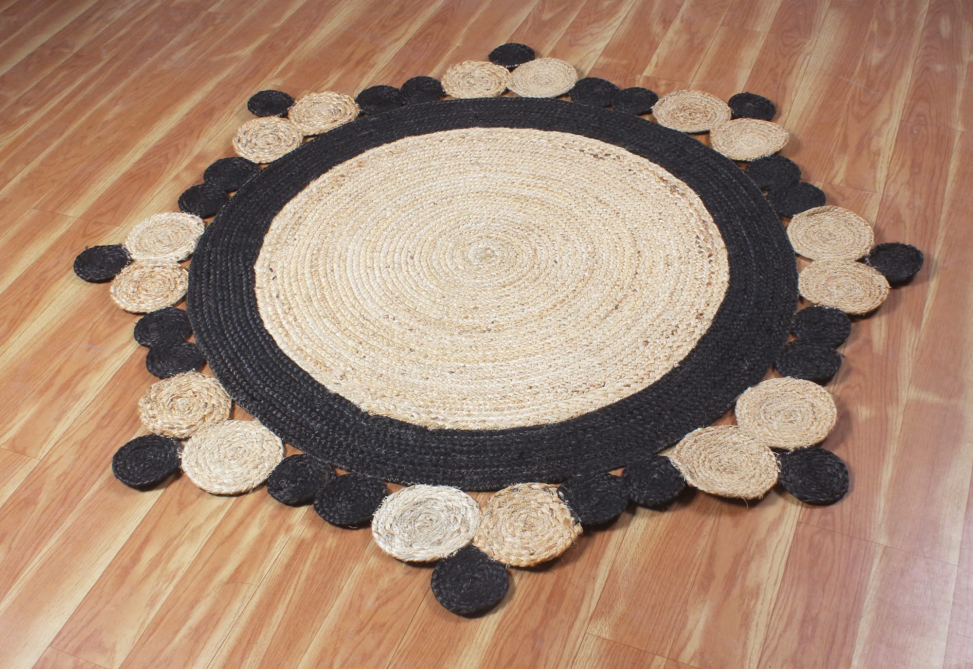 CASAVANI Collection Circle Area Rug - 10 Ft' Round Black Natural Jute Mat Geometric Kilim Rug Indoor Outdoor Use Mat Flatweave Rugs for Bedroom Bedside Round Dining Table Mat Hall & Kitchen