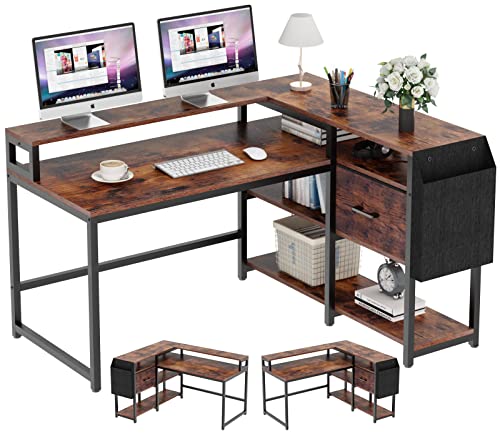 Loomie Reversible L Shaped Desk with Drawer, 55" W x 41" D Industrial Corner Computer Desk with 4 Tier Shelves & Monitor Stand and Bag, Study Table for Home Office, Rustic