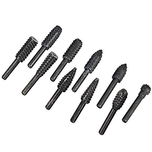 Eyech 10pc 1/8''(3mm) Shank Carbon Steel Rotary Burr Rasp Set Wood Carving File Rasp Drill Bits for DIY Woodworking Wood Carving Polishing Grinding Engraving