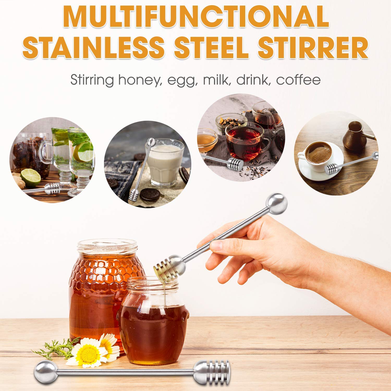DUGATO Honey and Syrup Dippers, 2pcs 6.3 Inch 304 Stainless Steel Honeycomb Stick Spoon Stirrer Server for Honey Pot Jar Containers (Silver)