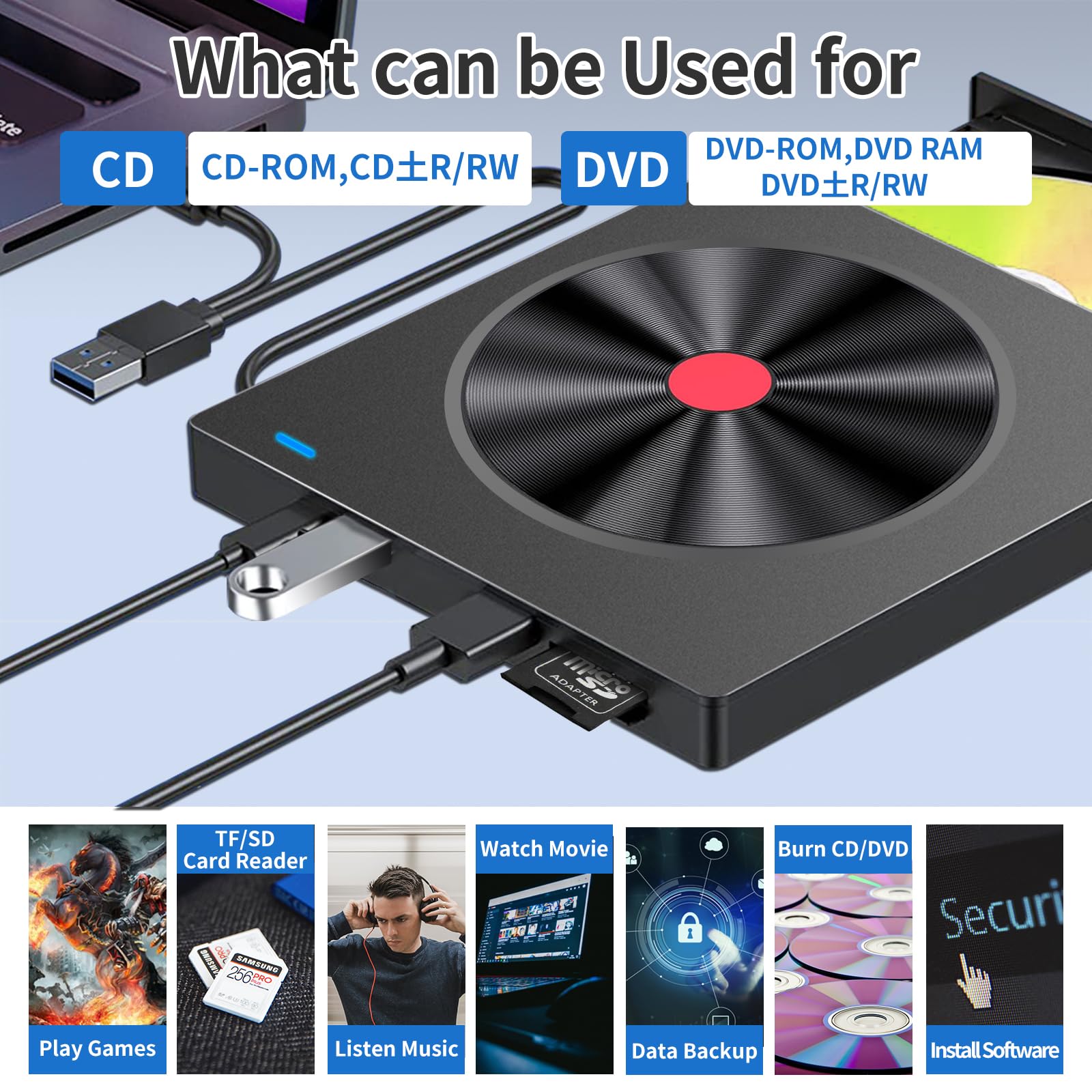 External CD/DVD Drive for Laptop, USB 3.0 Type-C CD Player Ultra Slim Portable CD DVD +/-RW External Optical Drive CD ROM Burner CD Reader Compatible with Laptop Desktop PC Windows Linux Mac OS
