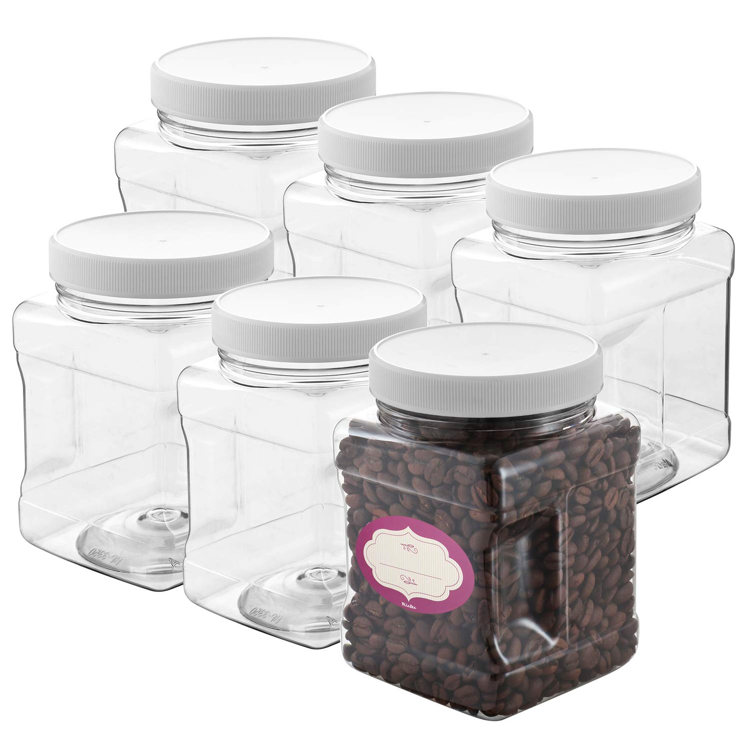 DilaBee Clear Plastic Storage Jars with Lids - 3 Pack - Square Plastic Containers with Airtight Lids - Canisters with Pinch Grip Handles - BPA-Free - 64 Oz