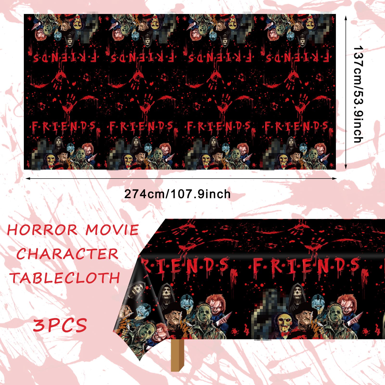 FYSUIMU 3Pcs Halloween Tablecloth 54 x 108 Inch Horror Movie Character Plastic Disposable Waterproof Table Cover for Birthday Party Home Kitchen Table Decor