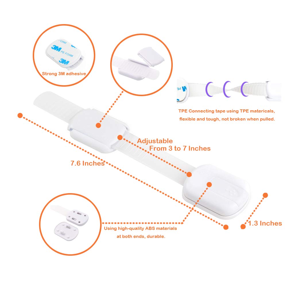 Child Safety Strap Locks and Cabinet Locks (4 Pack) for Drawers Cabinets Fridge Dishwasher Cupboard Oven Adhesive No Drilling