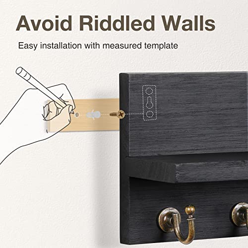 rorecay Key and Mail Holder for Wall: Easy Install Rustic Key Hooks for Wall with Measured Template, Wooden Key Rack with Metal Mail Slot for House Entryway Decor, Black