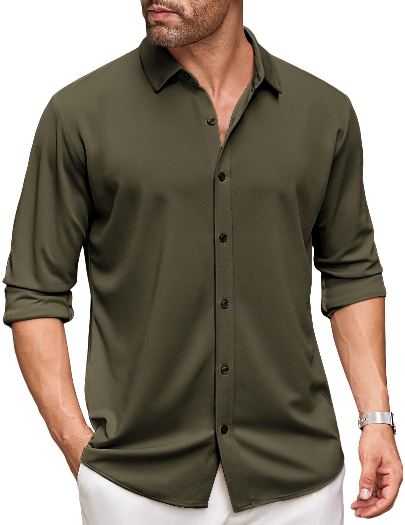 COOFANDY Men's Long Sleeve Button Up Dress Shirts Wrinkle Free Casual Dress Shirt Green